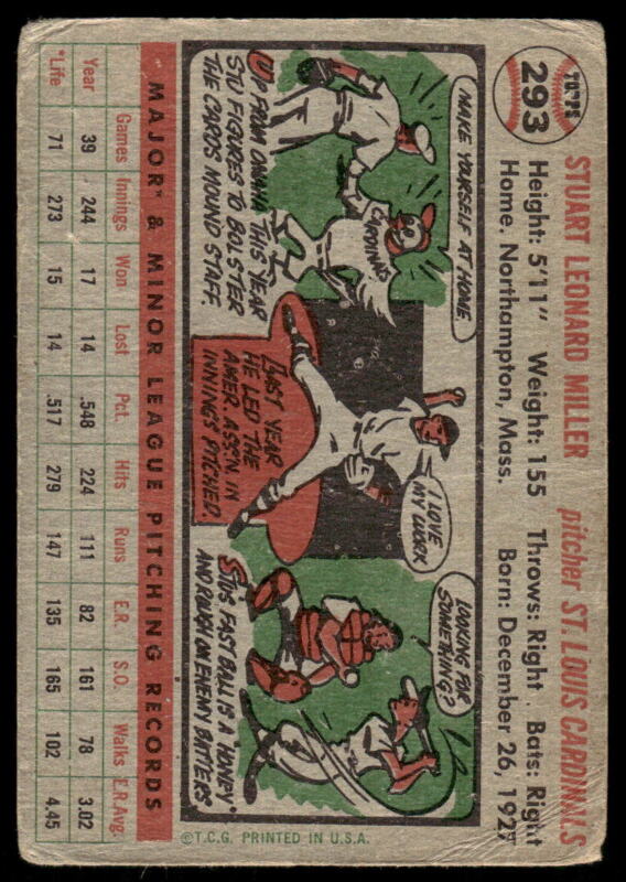 1956 TOPPS STU MILLER 293 GOOD BASEBALL ST. LOUIS CARDINALS – Vintage ...